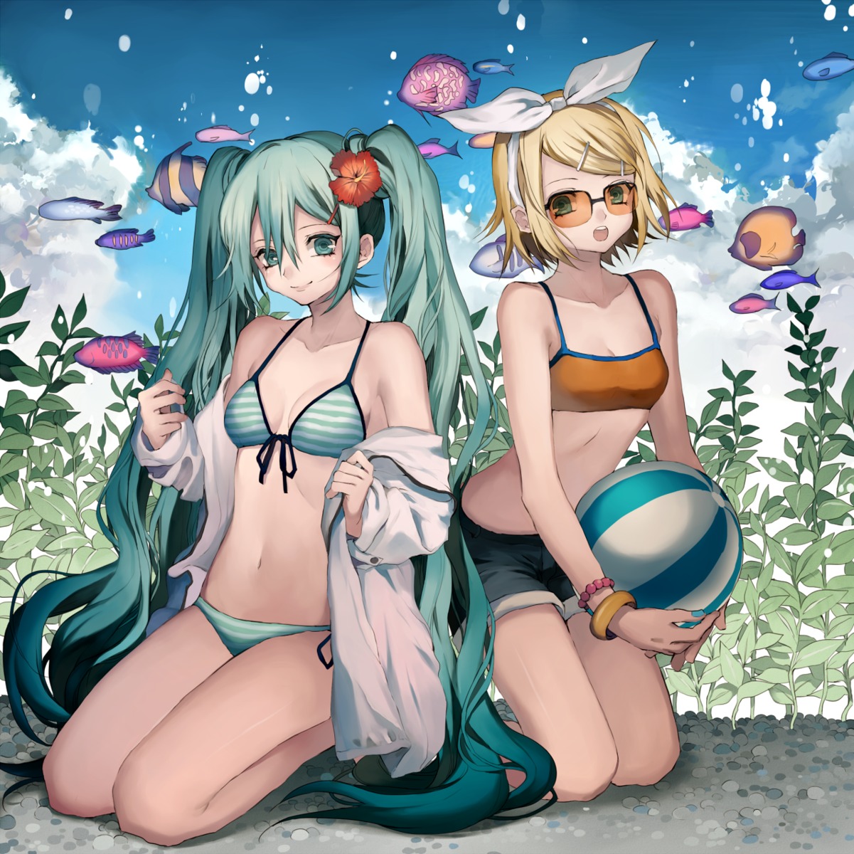 tsukioka tsukiho vocaloid hatsune miku kagamine rin bikini cleavage open shirt swimsuits ...